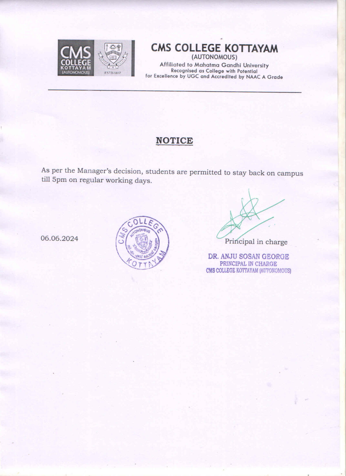 Important Notice - CMS College Kottayam